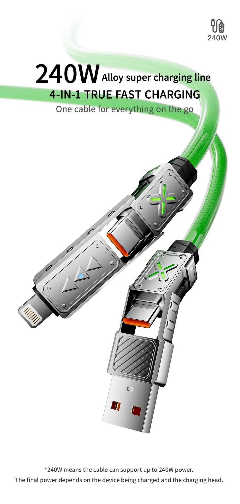 240W USB A to Lightning and Type-C Zinc Alloy Fast Charging Data Cable ...