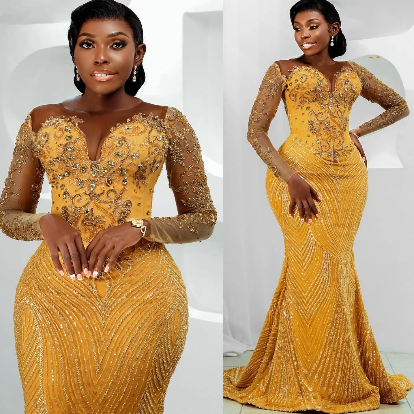Aso Ebi Gold Mermaid Prom Dress 2026 Sheer Neck Crystal Sequined ...