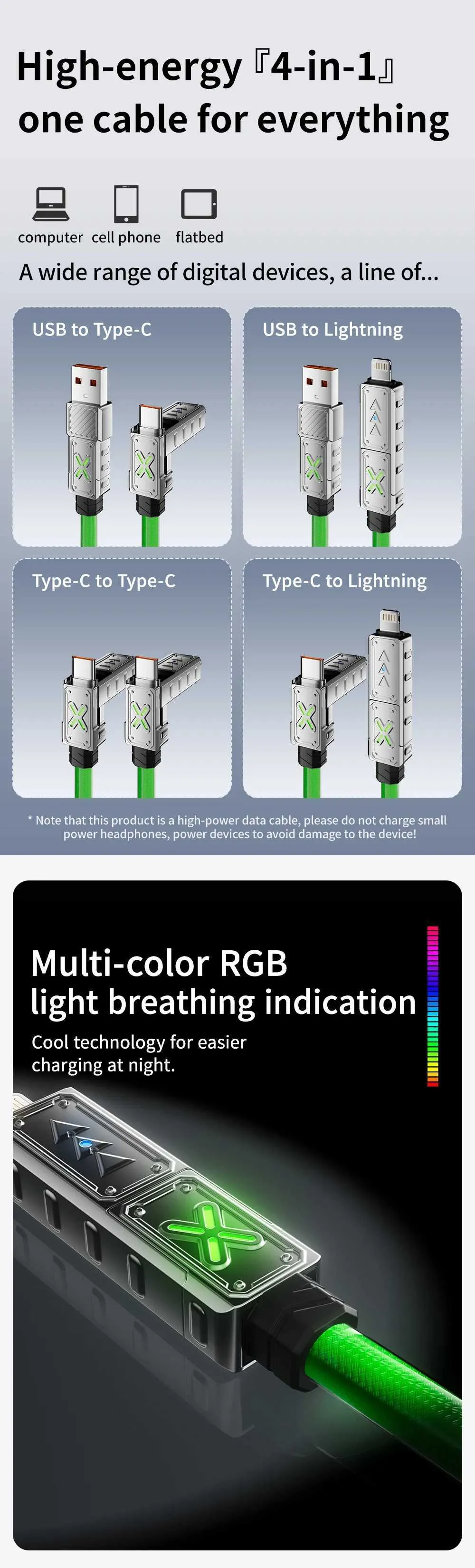 240W USB A to Lightning and Type-C Zinc Alloy Fast Charging Data Cable ...