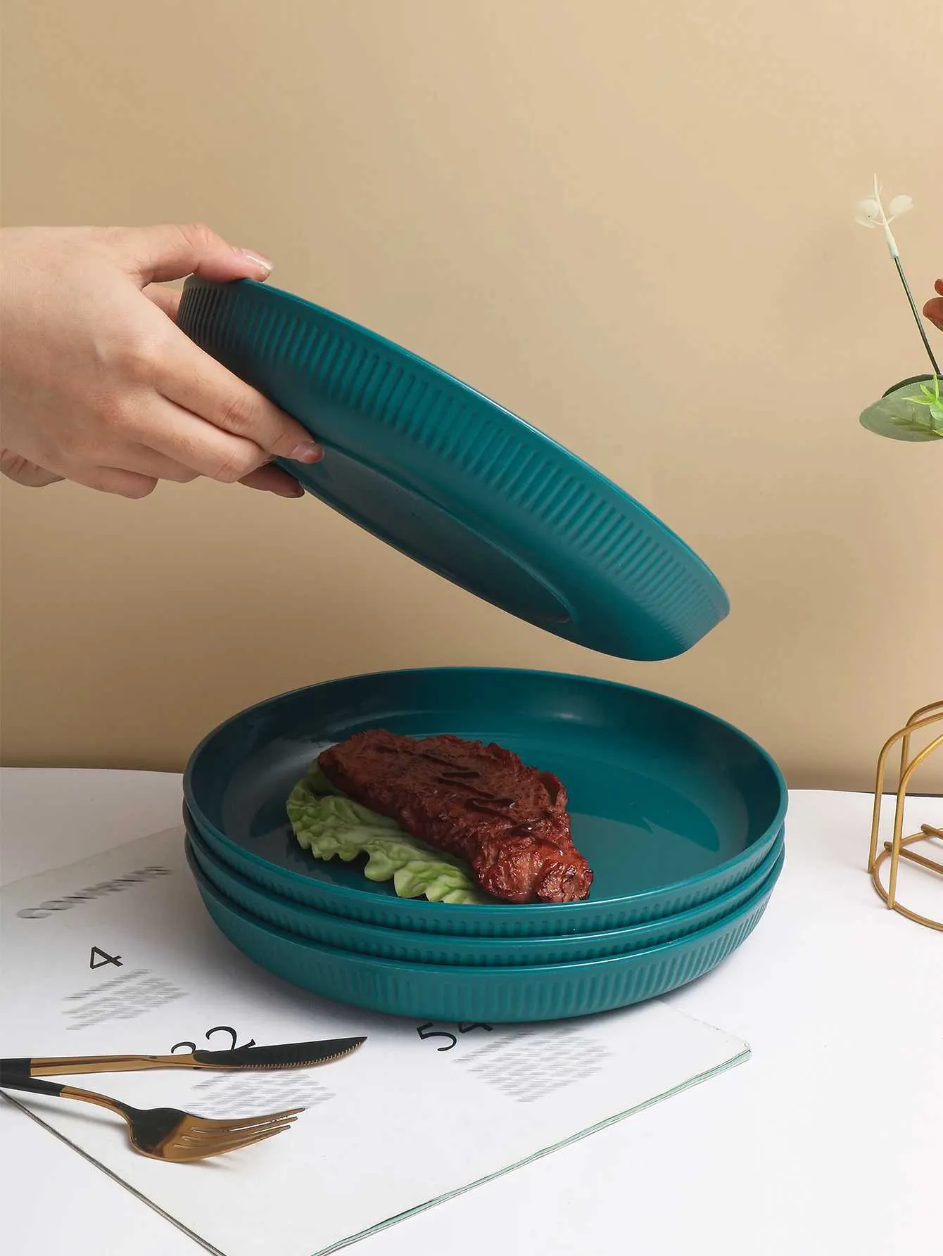 Dark green striped plastic snack plates reusable household food plates ...