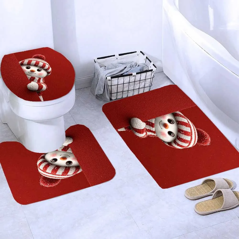 Cotton Snowman Bath Mat Set with Cartoon Snowflake Plant Pattern ...