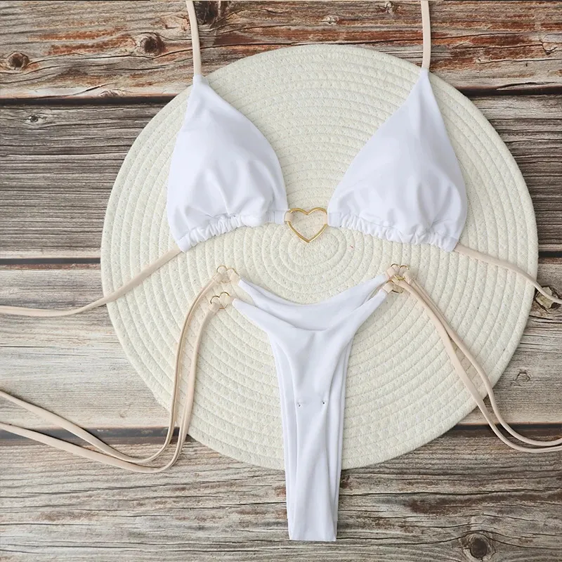 Brazilian Thong Bikini Swimsuit Set with Halter Triangle Top and ...