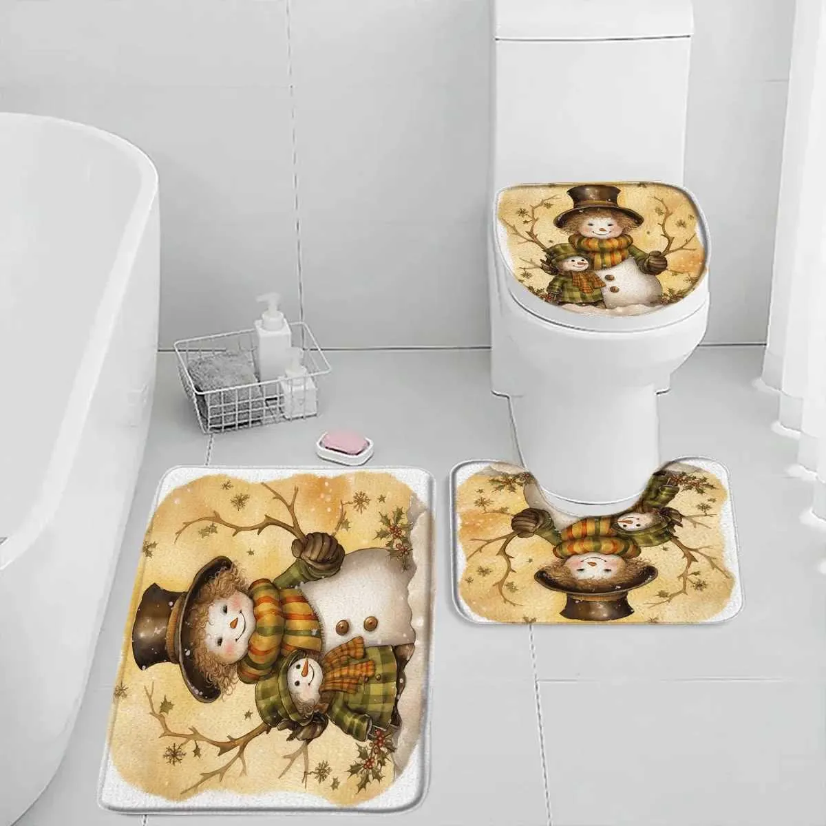 Cotton Snowman Bath Mat Set with Cartoon Snowflake Plant Pattern ...