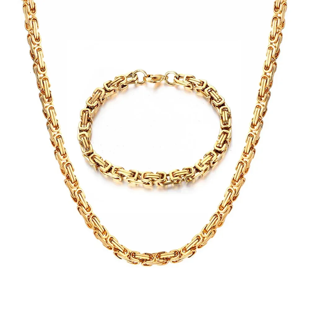 Punk 4mm Byzantine Chain Necklace and Bracelet Set Gold-Color Alloy ...