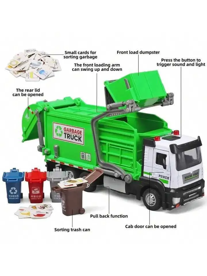 Realistic Garbage Truck Toy Set with Trash Can and STEM Learning Cards ...