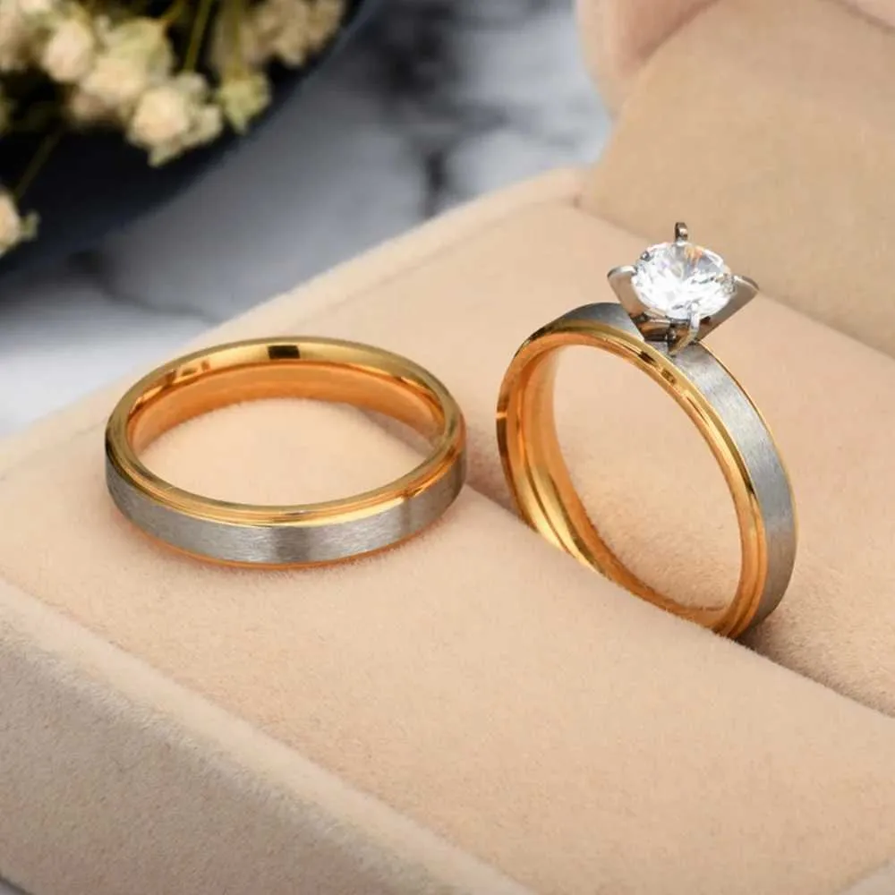 Matte Finish Stainless Steel Zircon Couple Rings Set for Men Women ...