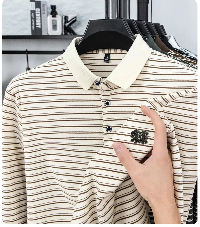 Mens Striped Long Sleeved Shirt Polo Button Up Stand Up Collar Autumn ...