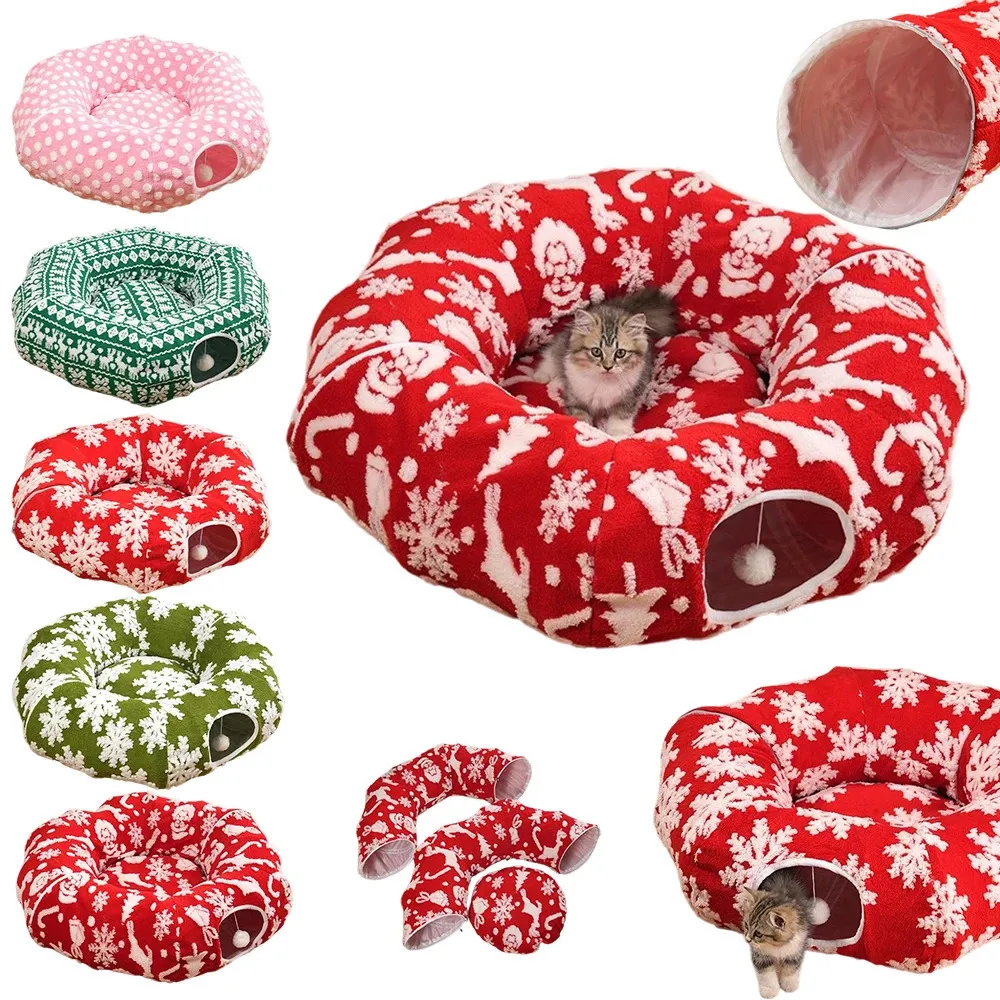 Christmas Round Donut Shaped Plush Cat Bed with Tunnel for Cats Puppies ...
