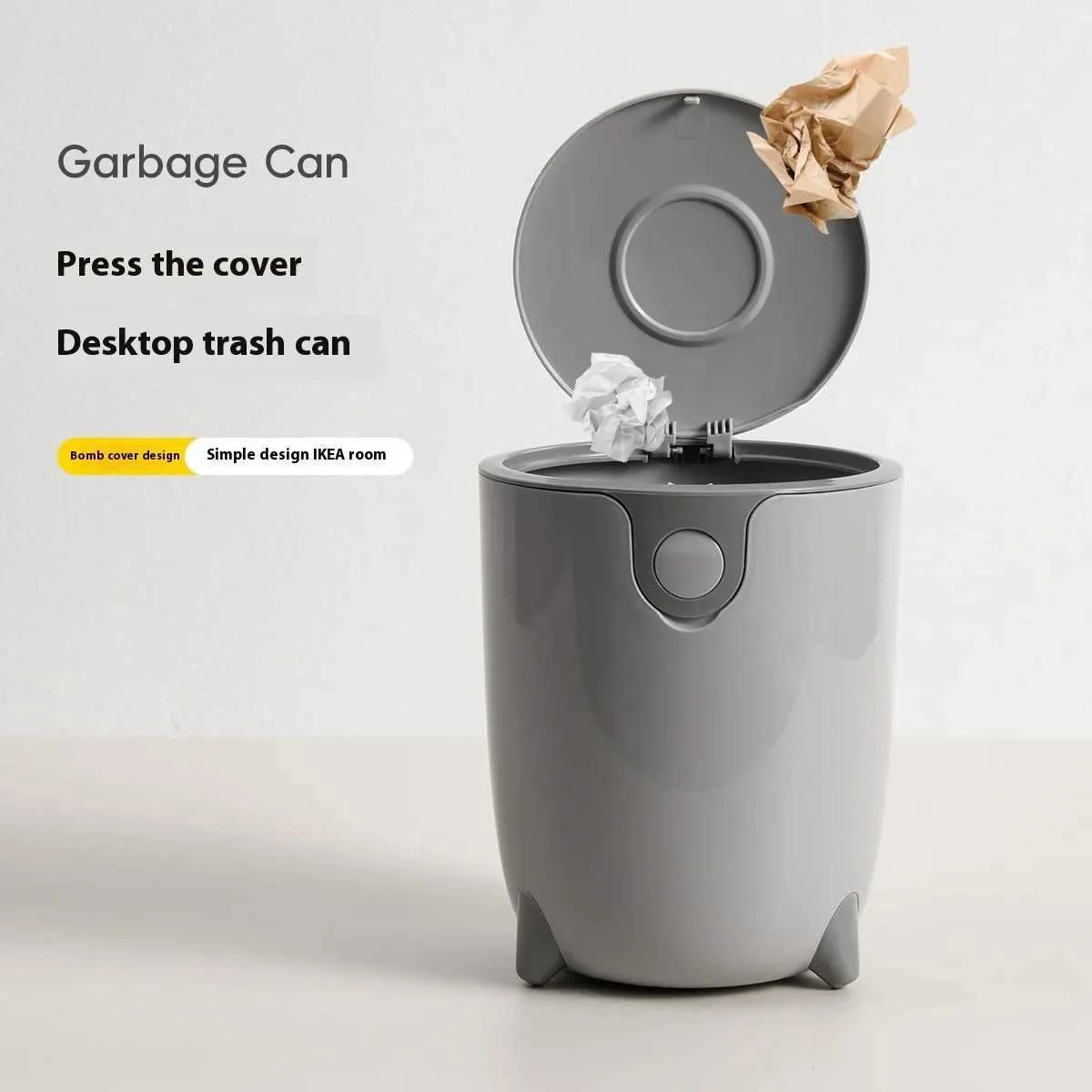 Desktop Trash Can 4L PP Press Pop-up Lid Round Garbage Storage Barrel ...