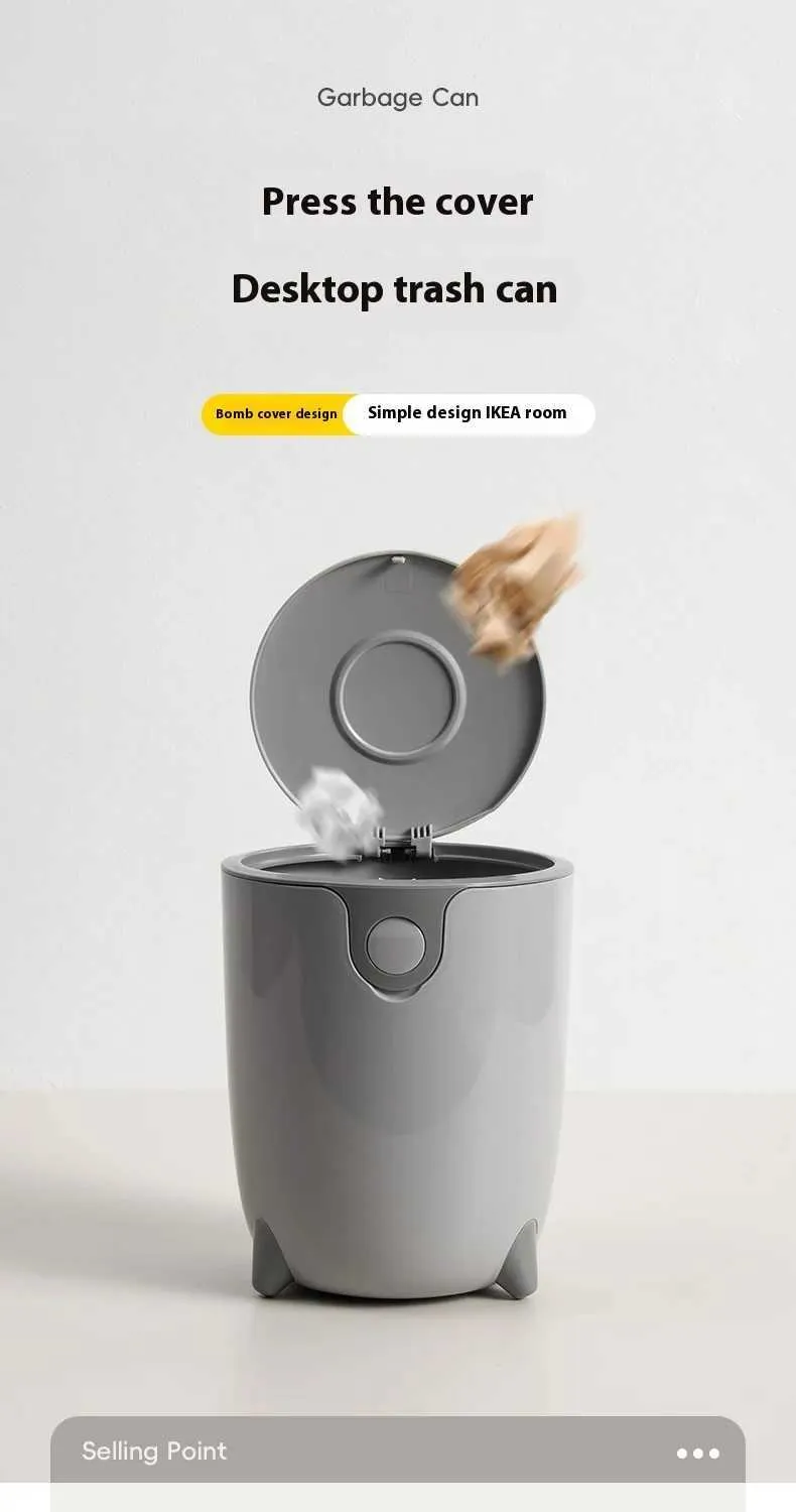 Desktop Trash Can 4L PP Press Pop-up Lid Round Garbage Storage Barrel ...