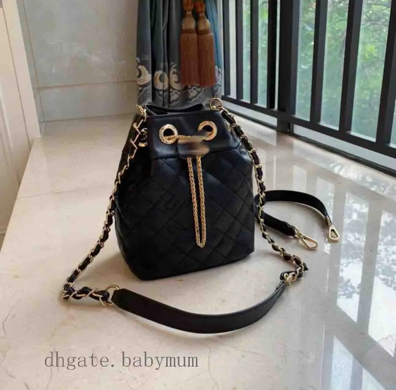 Bucket handbag PU material checkered pattern drawstring closure ...