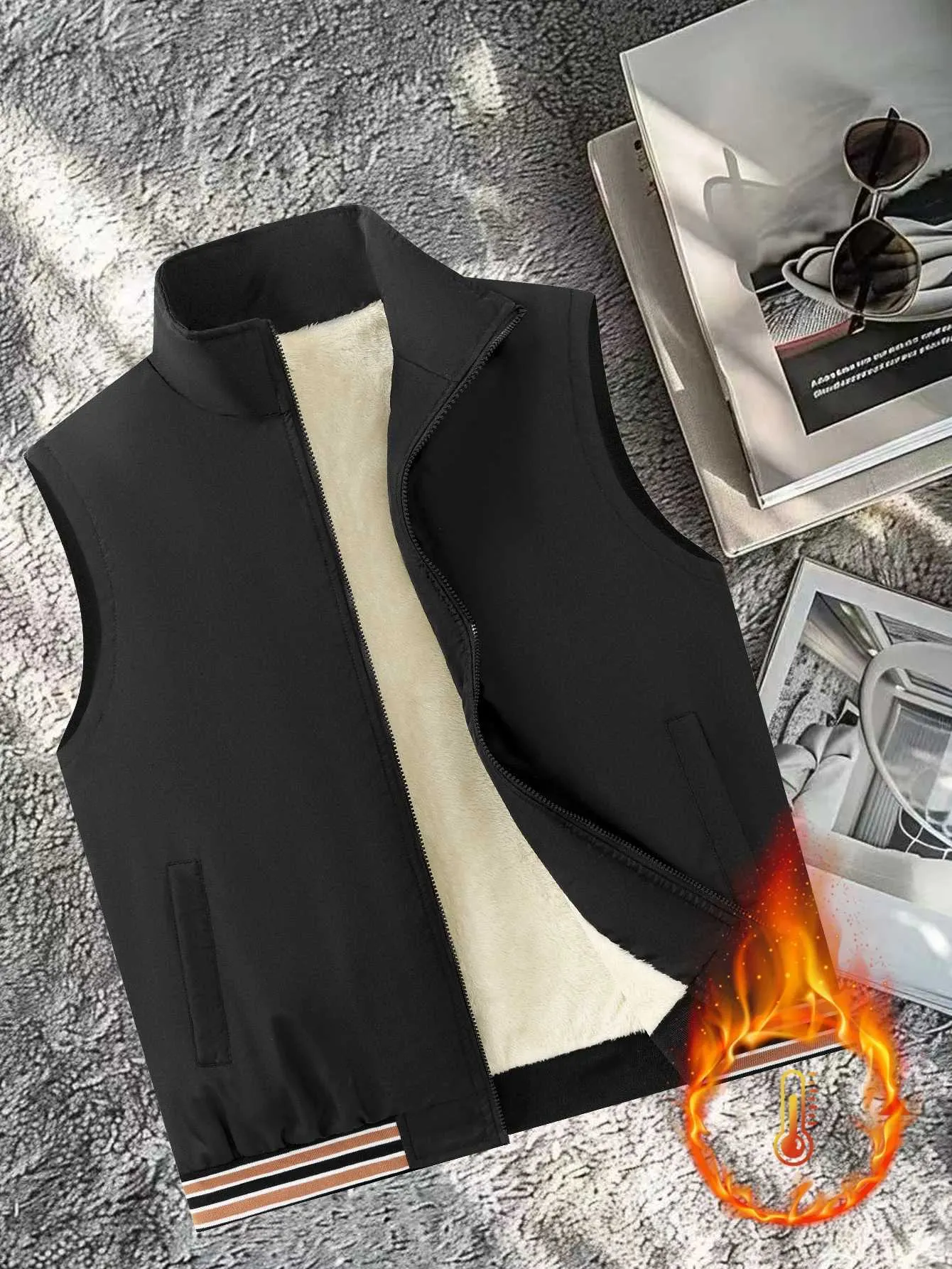 Mens Sleeveless Fleece Vest with Hooded Stand Collar and Linen Lining ...