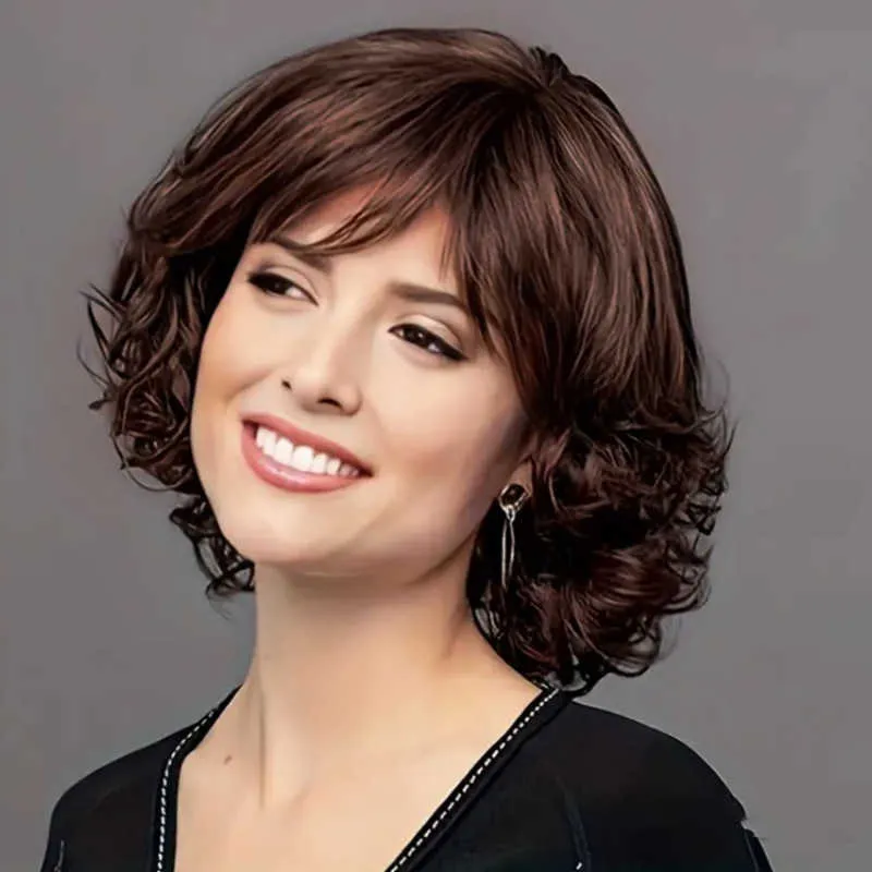 Synthetic Big Curly Wig for Women with Fluffy Roll Head Bangs, Dark ...