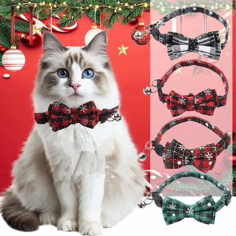 Christmas Plaid Dog Bow Tie Collar with Bell Adjustable Cotton Necktie ...