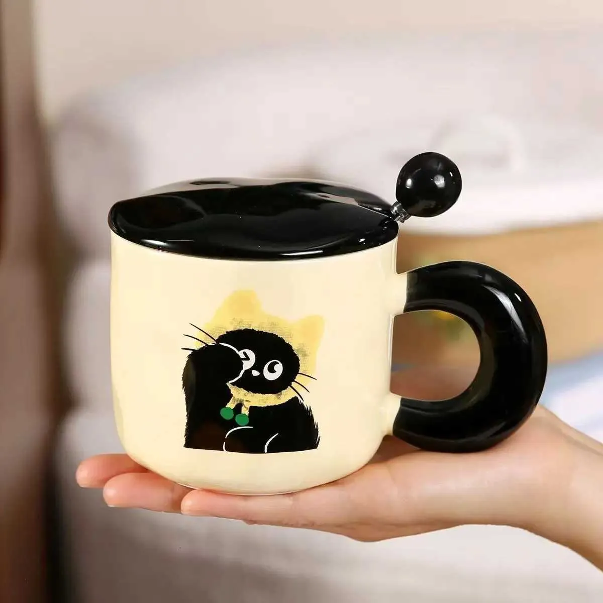 Ceramic Cat Mug with Lid and Spoon Bone China Coffee Cup 12 oz for ...