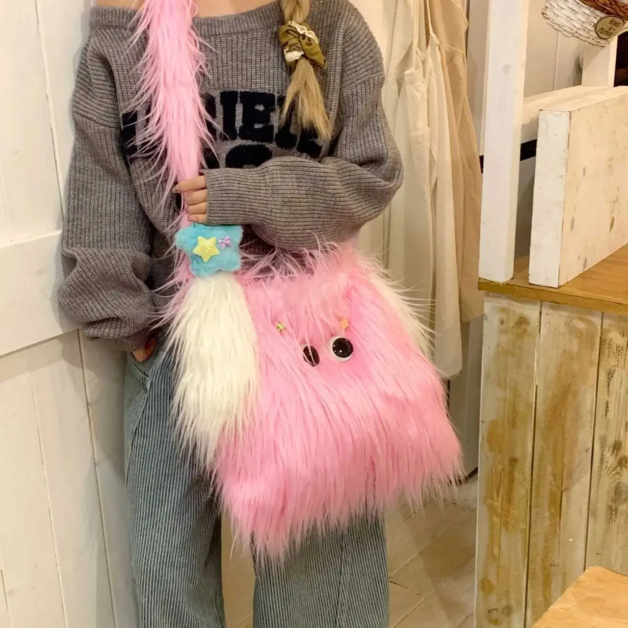 JIAERDI Medium Plush Tote Bag Women Large Capacity Cartoon Shoulder Bag ...