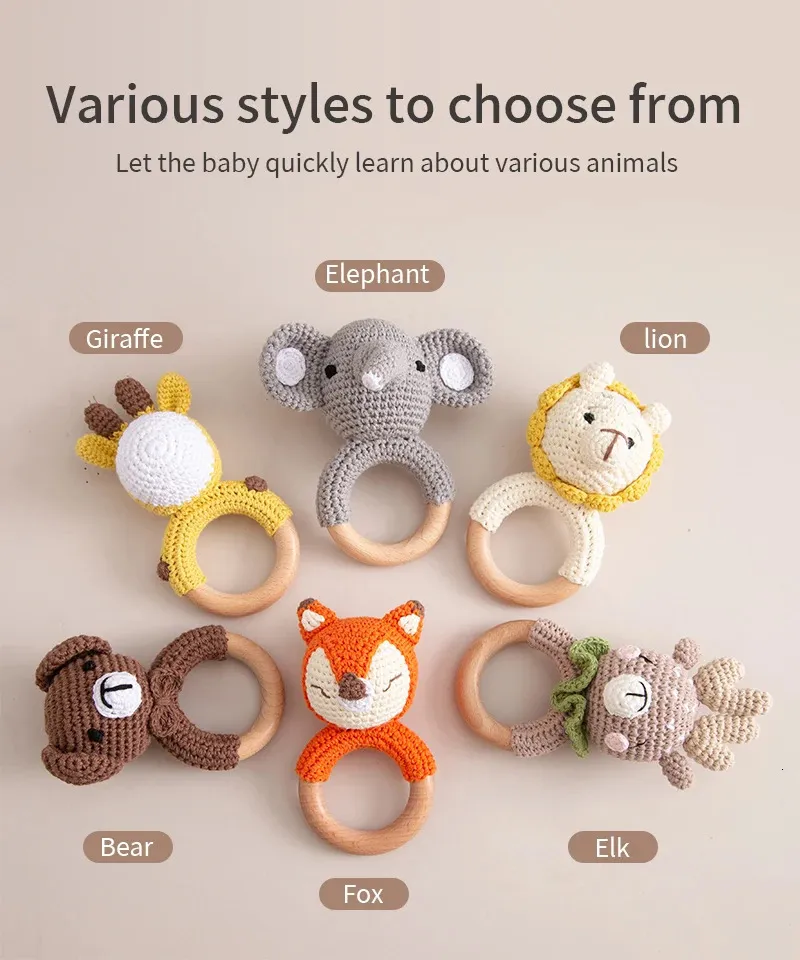 Baby Rattle Toy Wooden Teether Crochet Animal BPA Free Infant Rattle ...