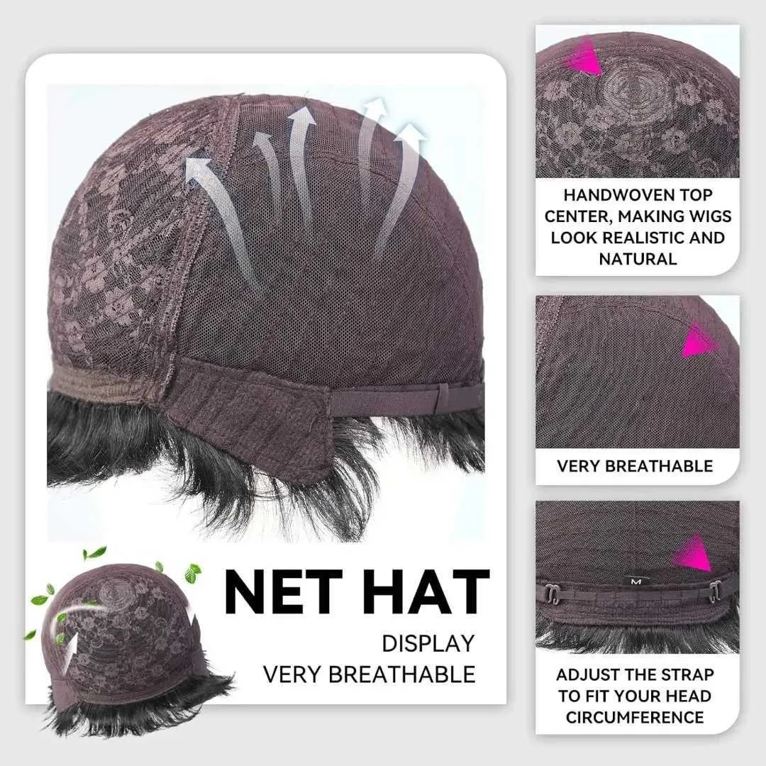 Short Curly Human Hair Wig Kanekalon Material Large Cap Size Brown ...