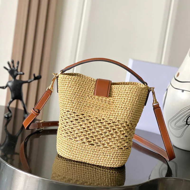 Designer small straw bucket bag with hasp closure and single handle for ...