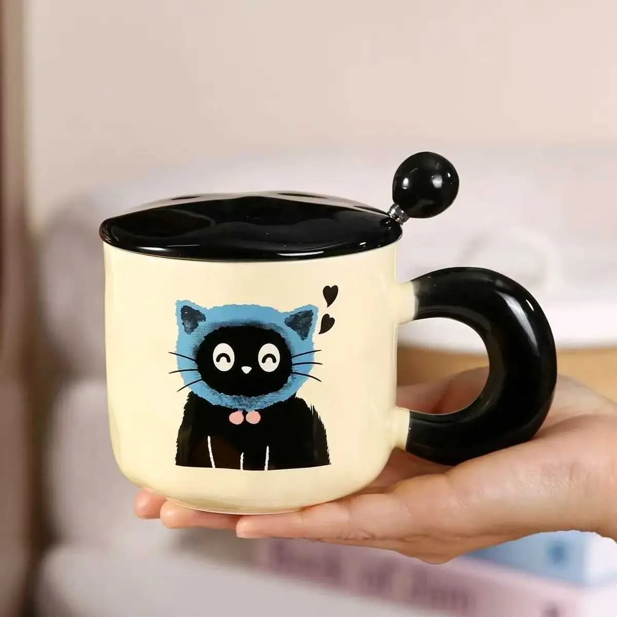 Ceramic Cat Mug with Lid and Spoon Bone China Coffee Cup 12 oz for ...