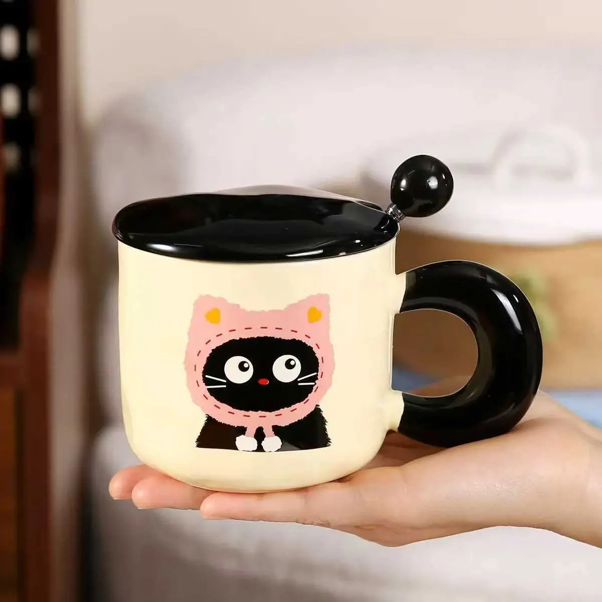 Ceramic Cat Mug with Lid and Spoon Bone China Coffee Cup 12 oz for ...