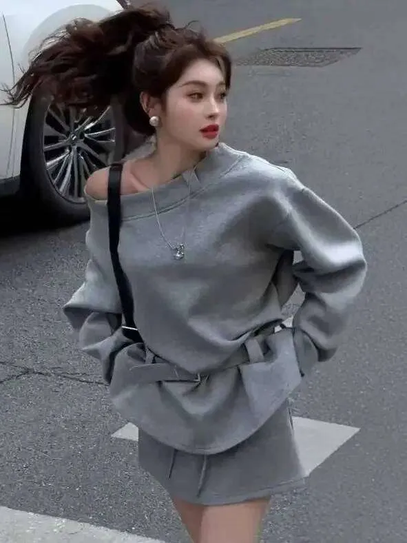 Autumn Two-Piece Suit with V-Neck Long Sleeve Sweatshirt and Above-Knee ...