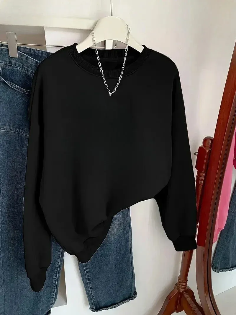 Black Womens Cotton Acetate Pullover Hoodie Short Sleeve Loose Wool ...