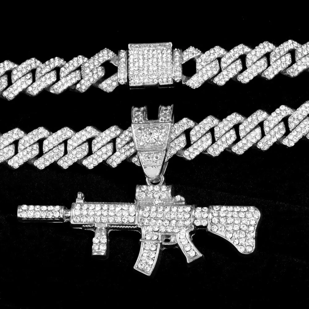 Men Women Crystal Gun Pendant Necklace with 14MM Prong Miami Cuban Link ...