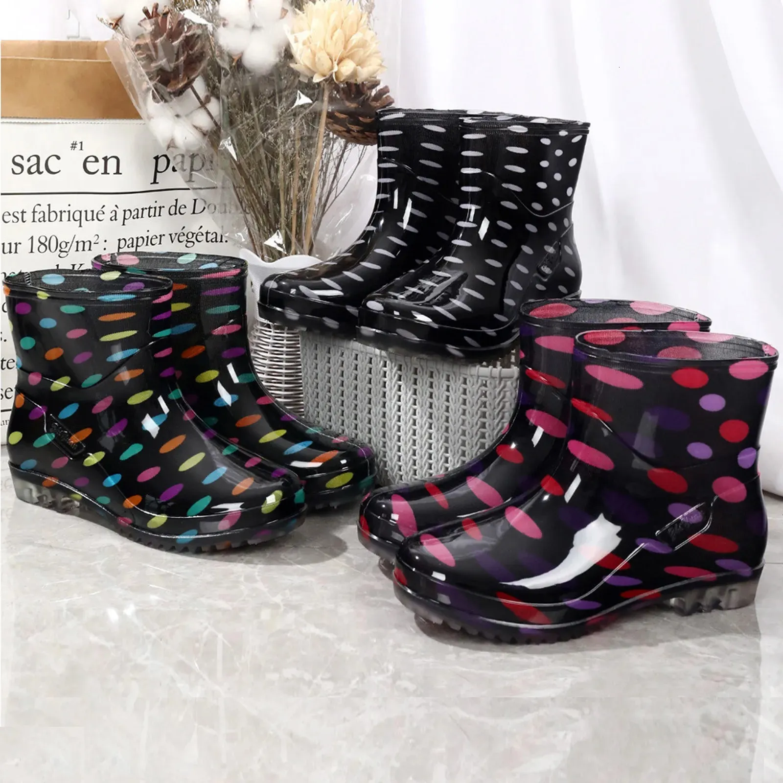 Fashionable Print Rain Boots Waterproof Mid-high Adult Womens Shoes ...
