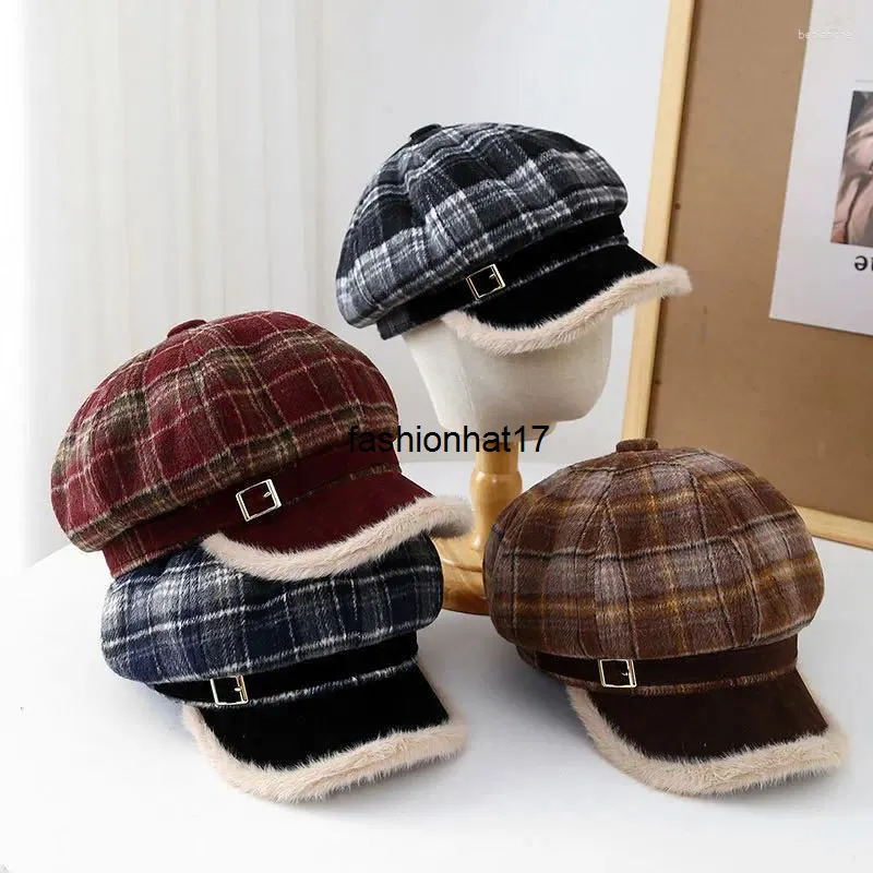 Berets Winter Hats For Women Octagonal Plush Plaid Beret With Fitted ...