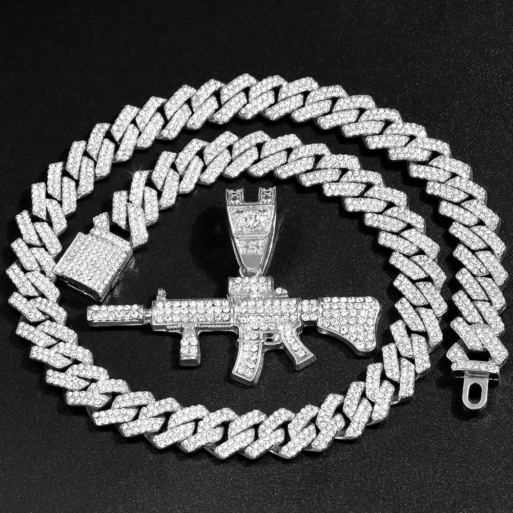 Men Women Crystal Gun Pendant Necklace with 14MM Prong Miami Cuban Link ...