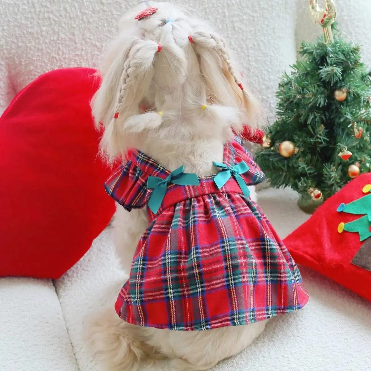 Red Plaid School-Style Dress with Bow Accents and Flutter Sleeves in ...