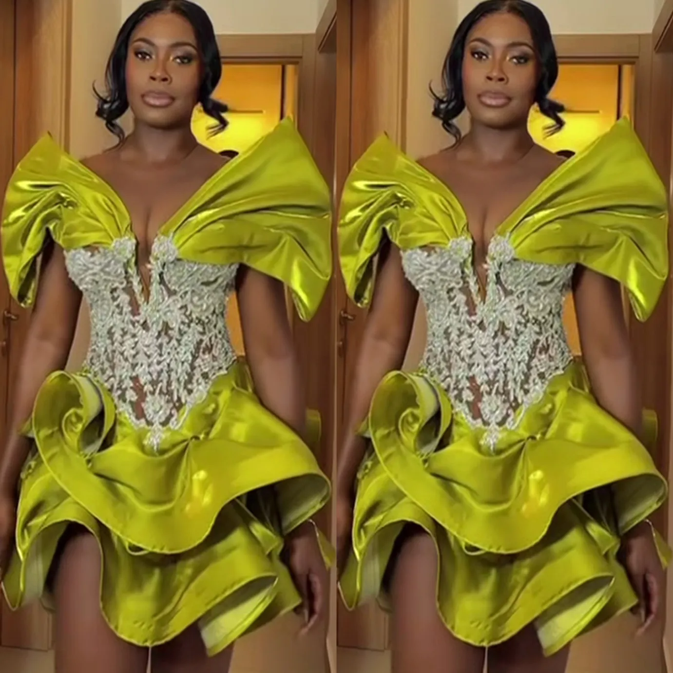 2026 Yellow Green A-Line Satin Cocktail Dress with Lace-Up Back and ...