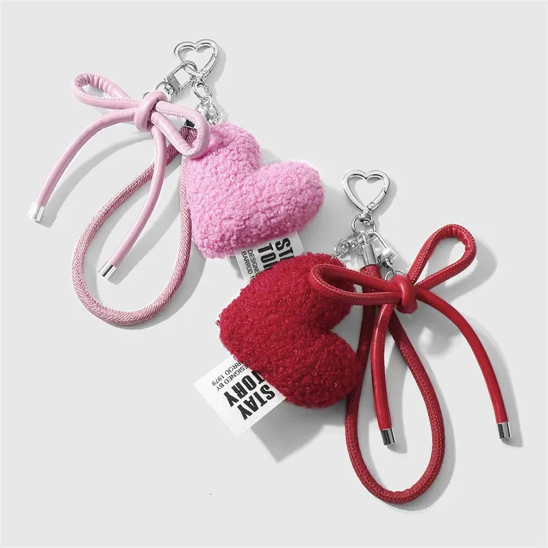 Plush Love Heart Bag Charm Keychain Pendant with Woven Rope Bow for ...