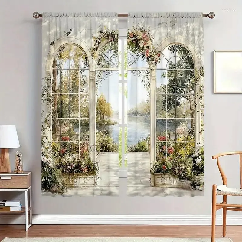 Printed Polyester Curtains Sheer Tab Top Panels for Flat Windows with ...