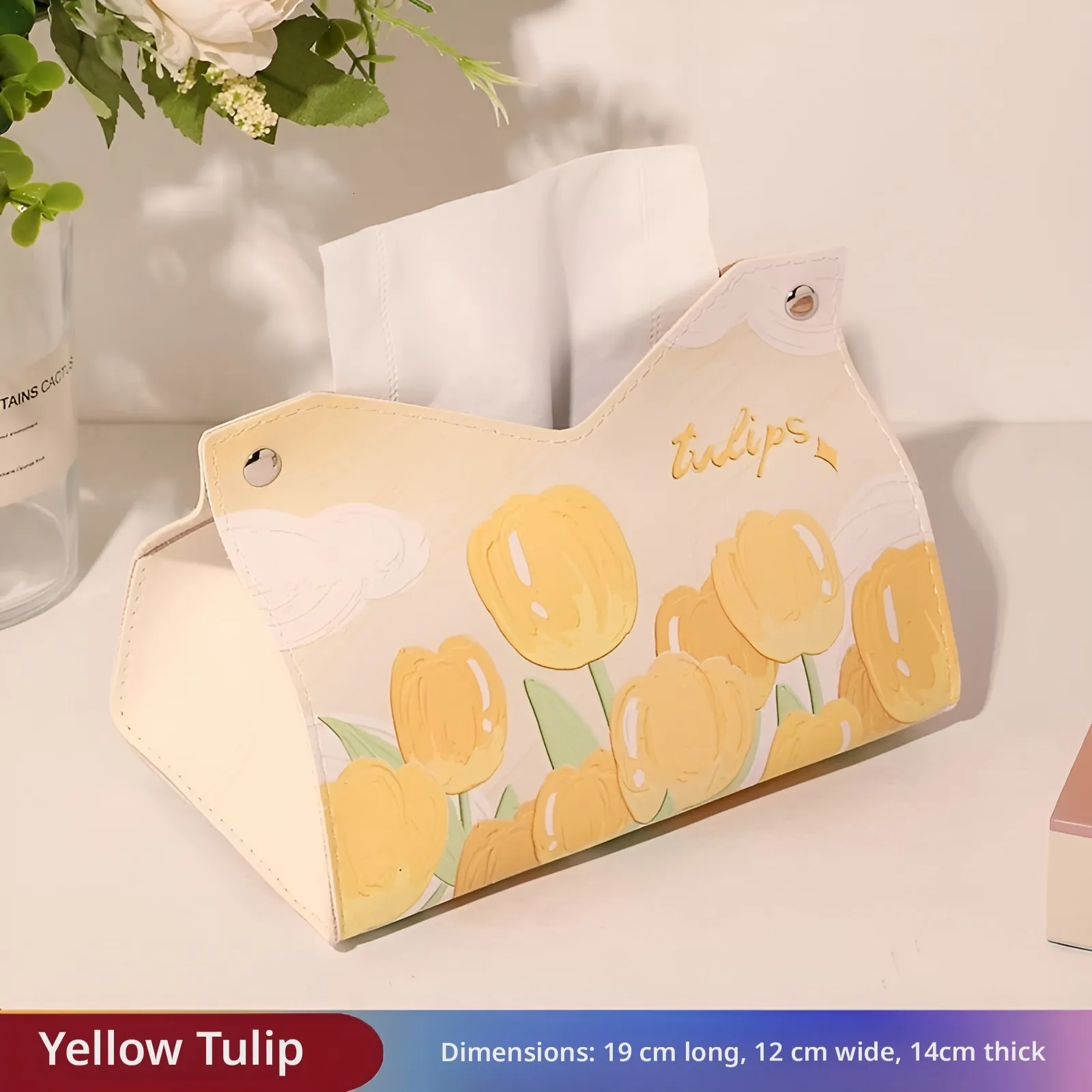 Oil Painting Tulip Flower Leather Tissue Napkin Box for Car Seat Japan ...