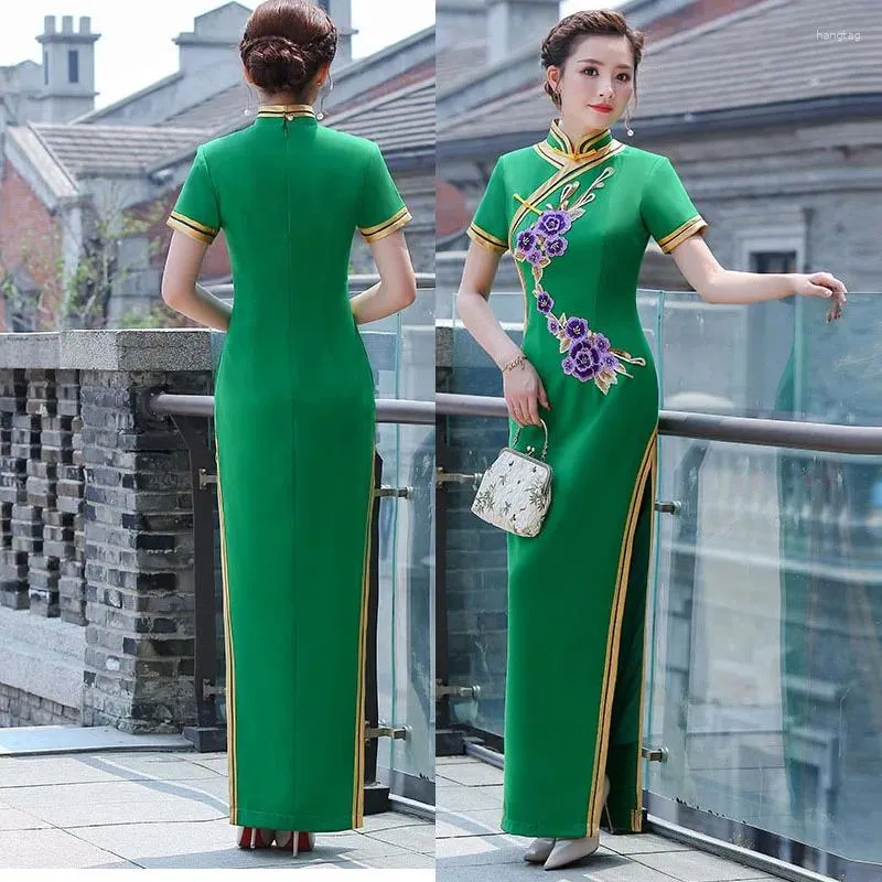 Traditional Chinese Satin Qipao Dress Women Green Cheongsam Mandarin ...
