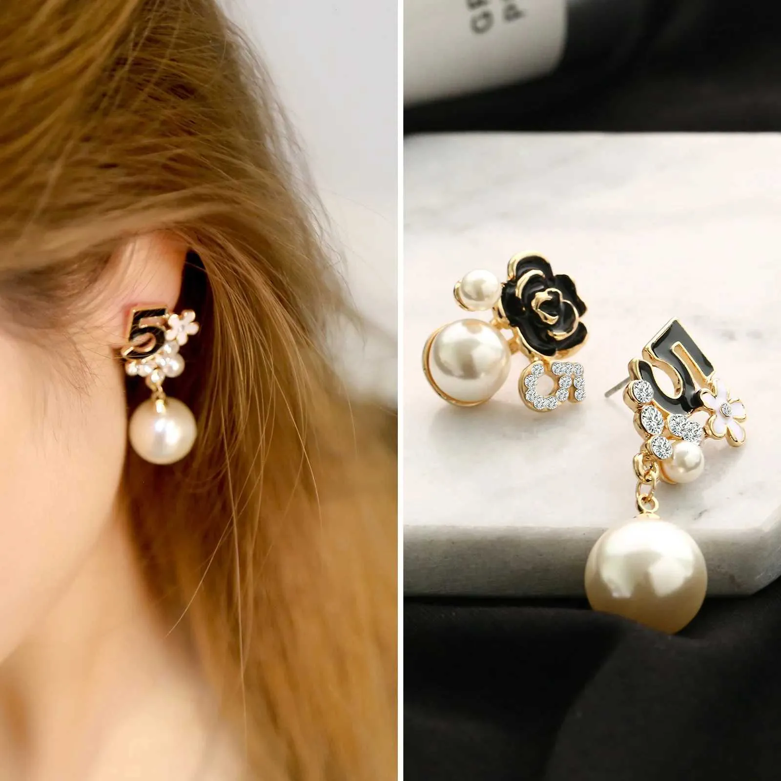 TRENDY Korean Pearl Number 5 Long Dangle Earrings with Gold Copper Push ...