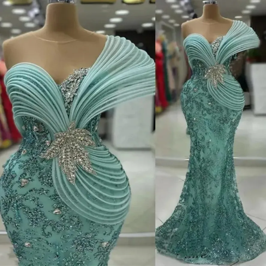 Aso Ebi Mint Mermaid Prom Dresses Sheer Neck Sequined Evening Gowns For ...