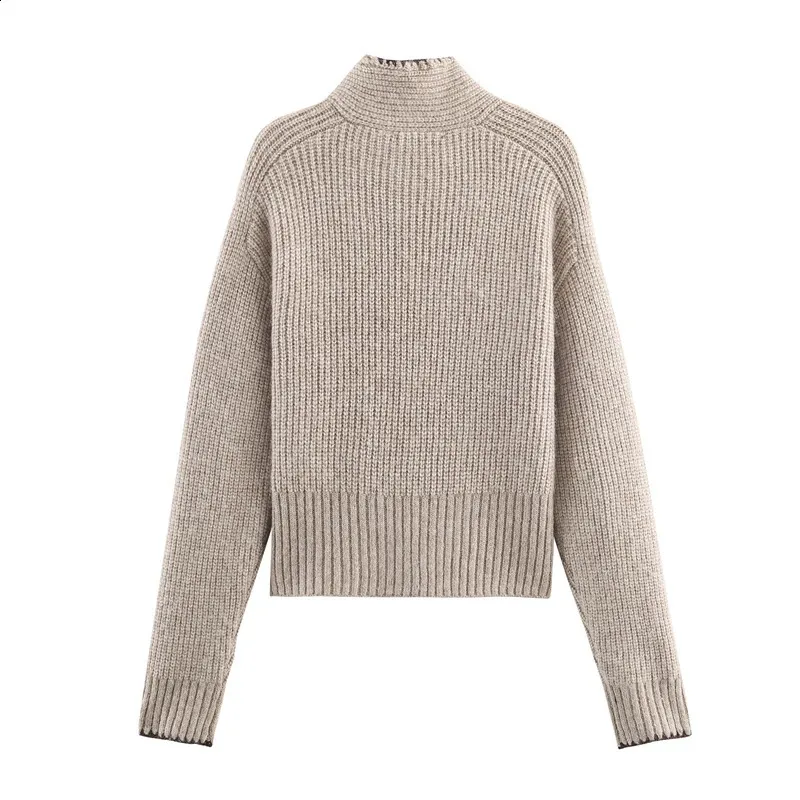 Womens navy and khaki acetate ribbed knit sweater with knitted collar ...