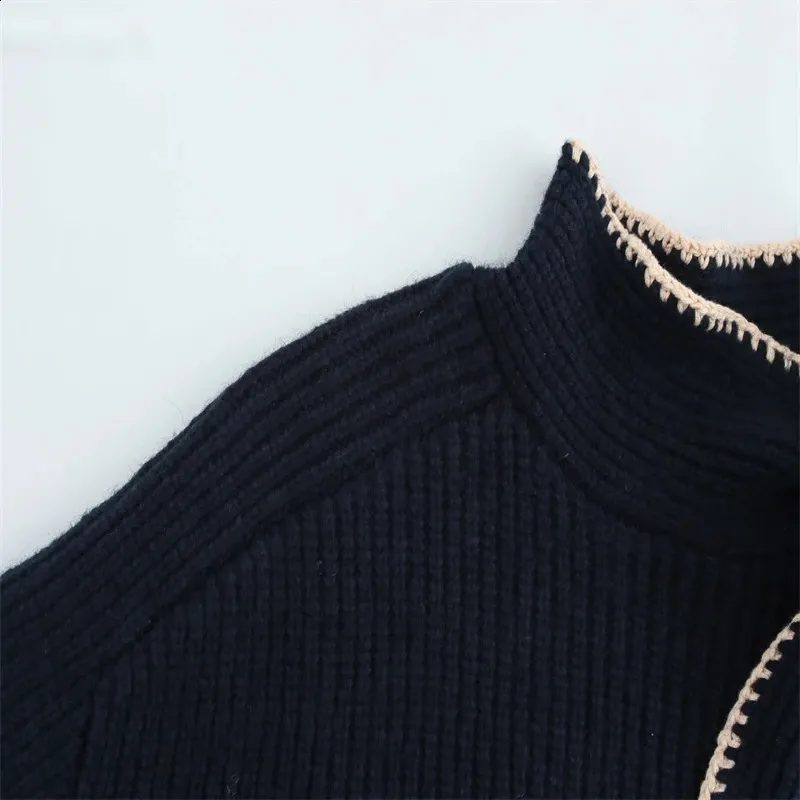 Womens navy and khaki acetate ribbed knit sweater with knitted collar ...