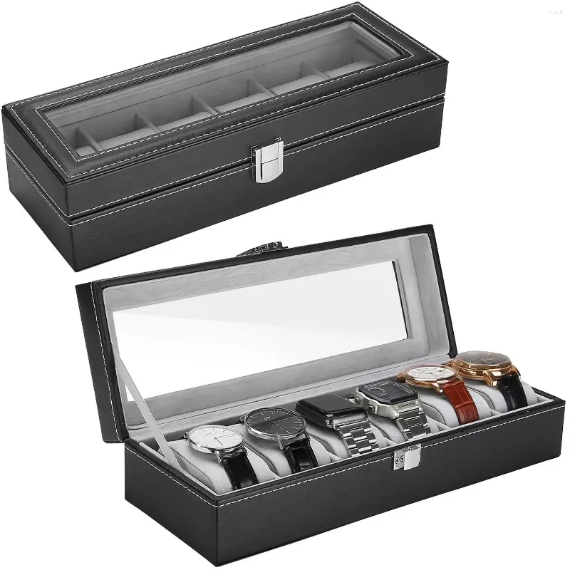 Watch Boxes Luxury Black Faux Leather Box With Glass Top Velvet Lined ...