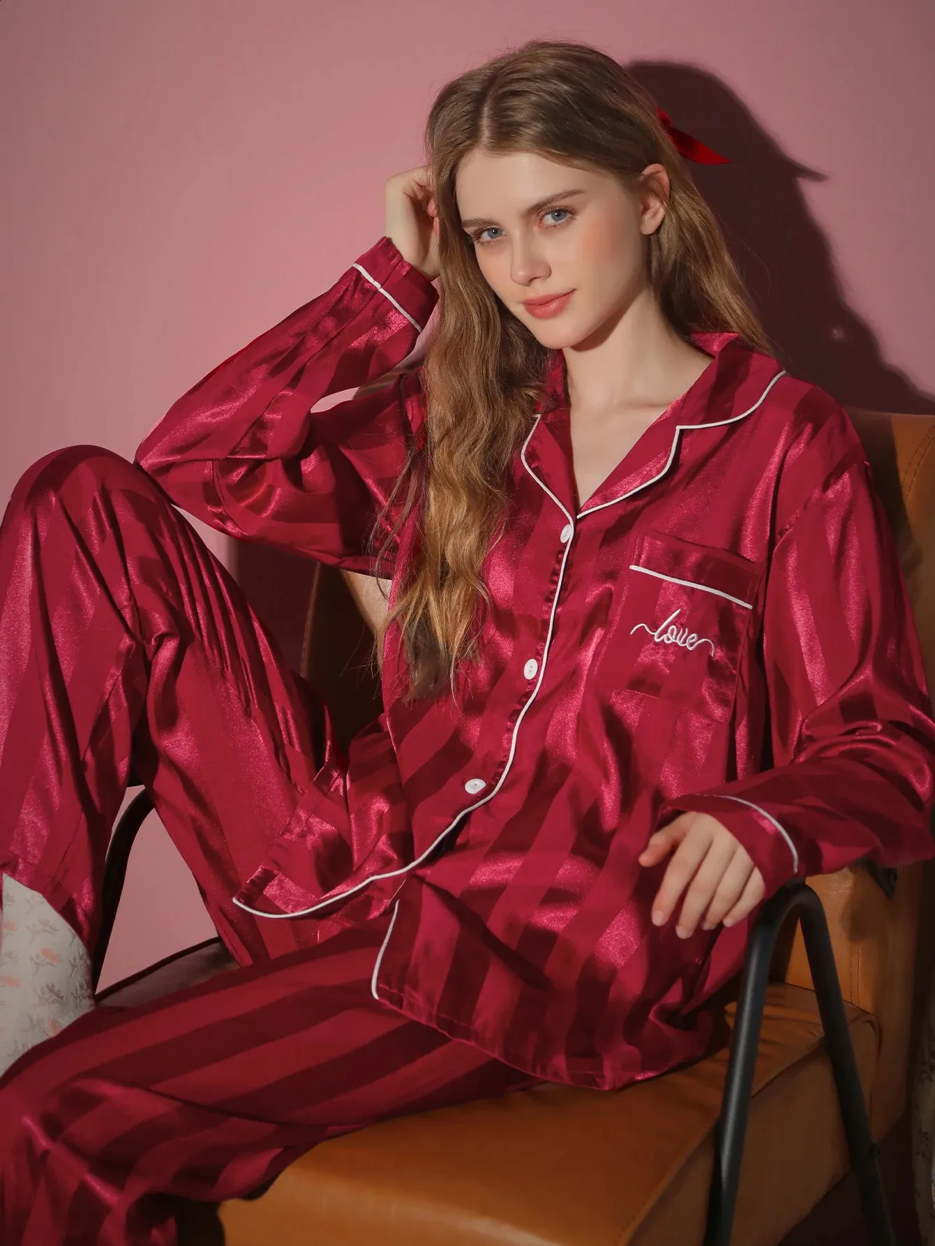 Two-piece women's long-sleeved embroidered cardigan and pants sleepwear ...