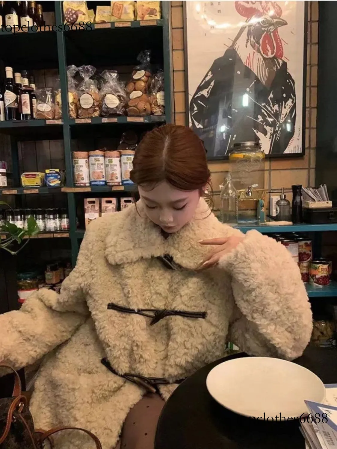 Faux Women Lamb Wool Mid-Length Loose Fur Coat with Stand Collar and ...