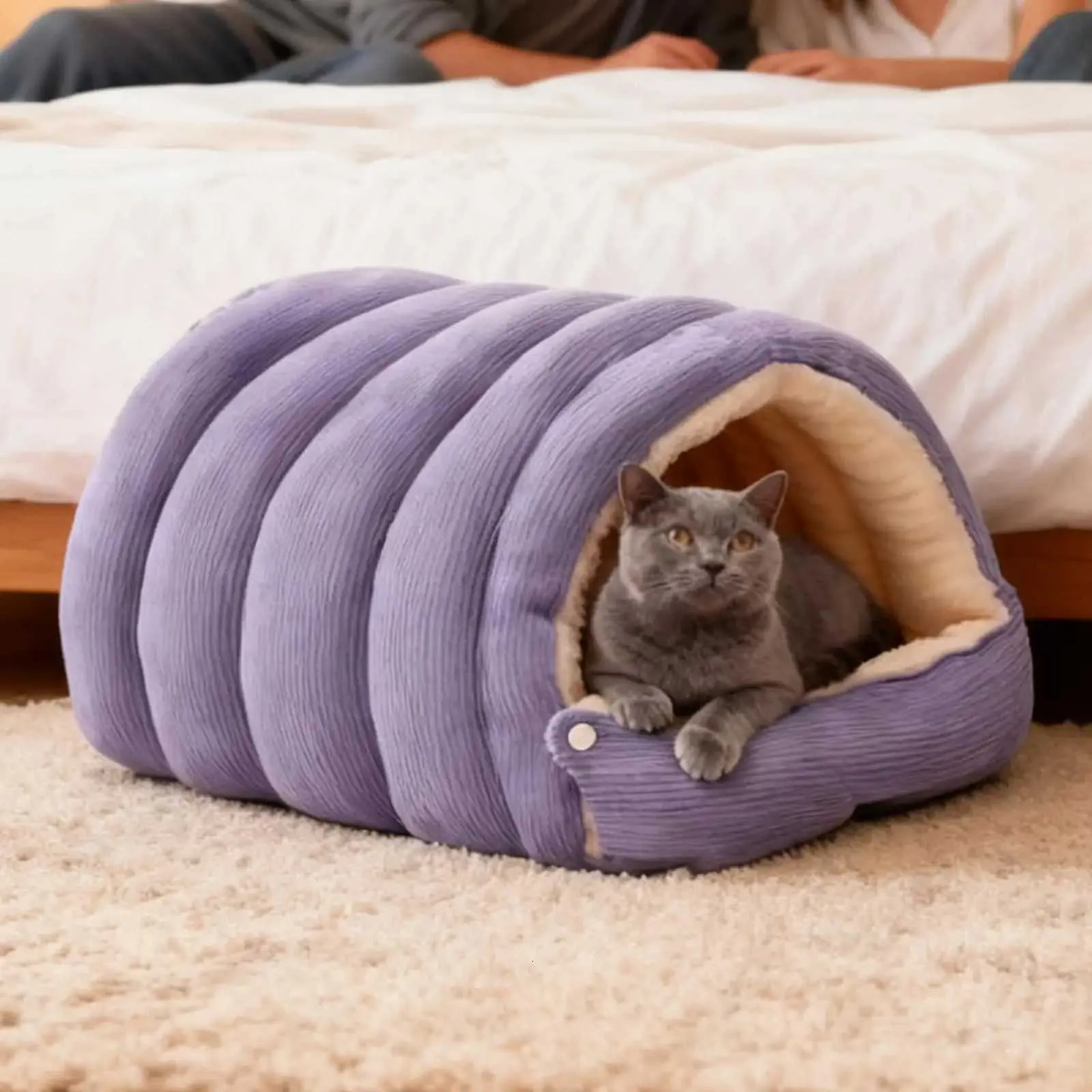 Cats Sleeping Bed Winter Indoor Thick Fiber Plush Soft Fluffy Enclosed ...