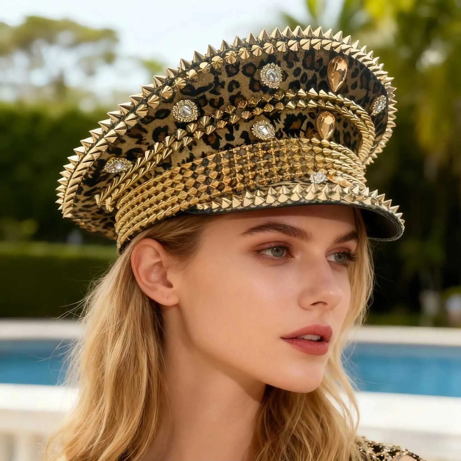 Military Captain Hat with Rhinestone Fringe Disco Leopard Steampunk Top ...