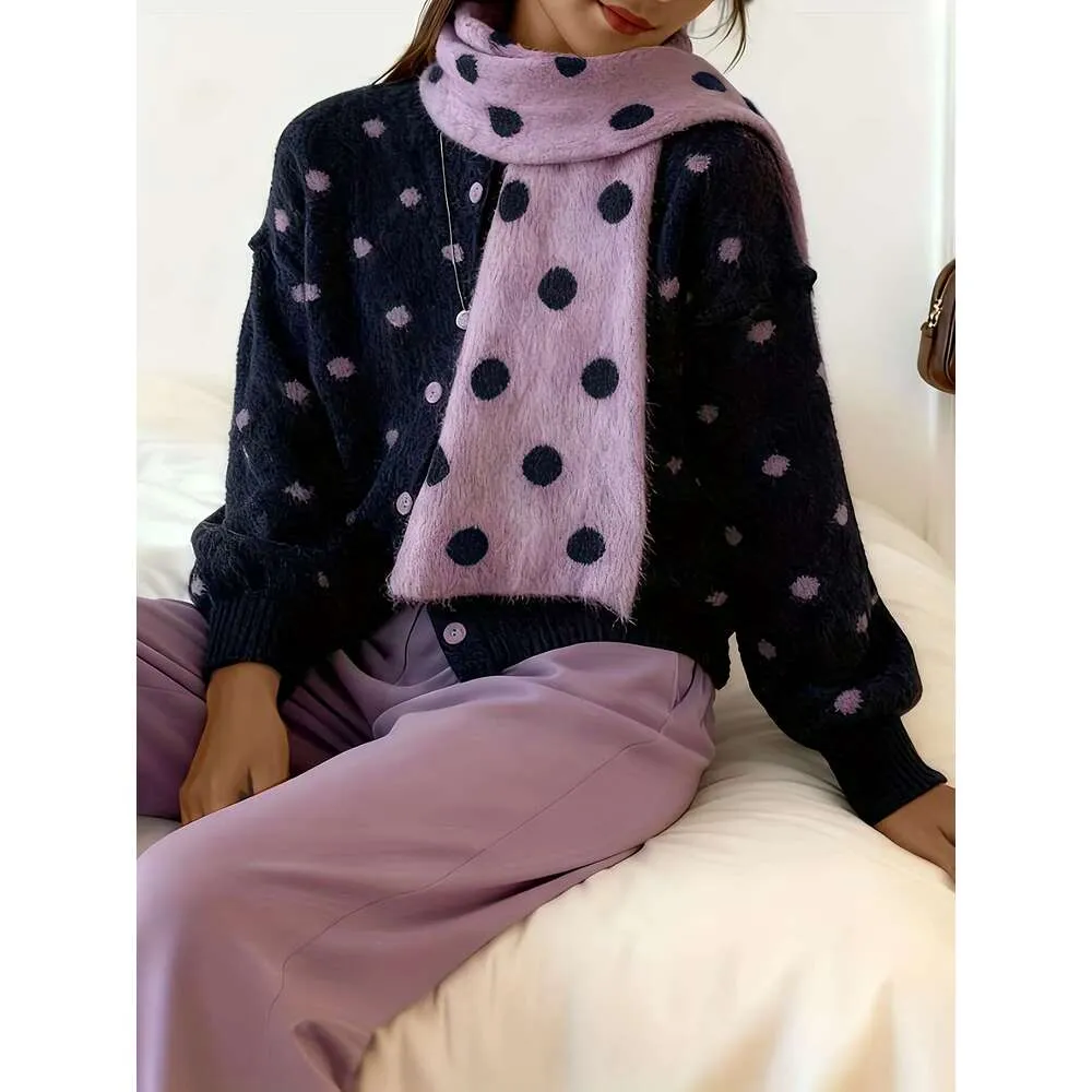 Women's Polka Dot Round Neck Loose Top with Matching Silk Pashmina ...