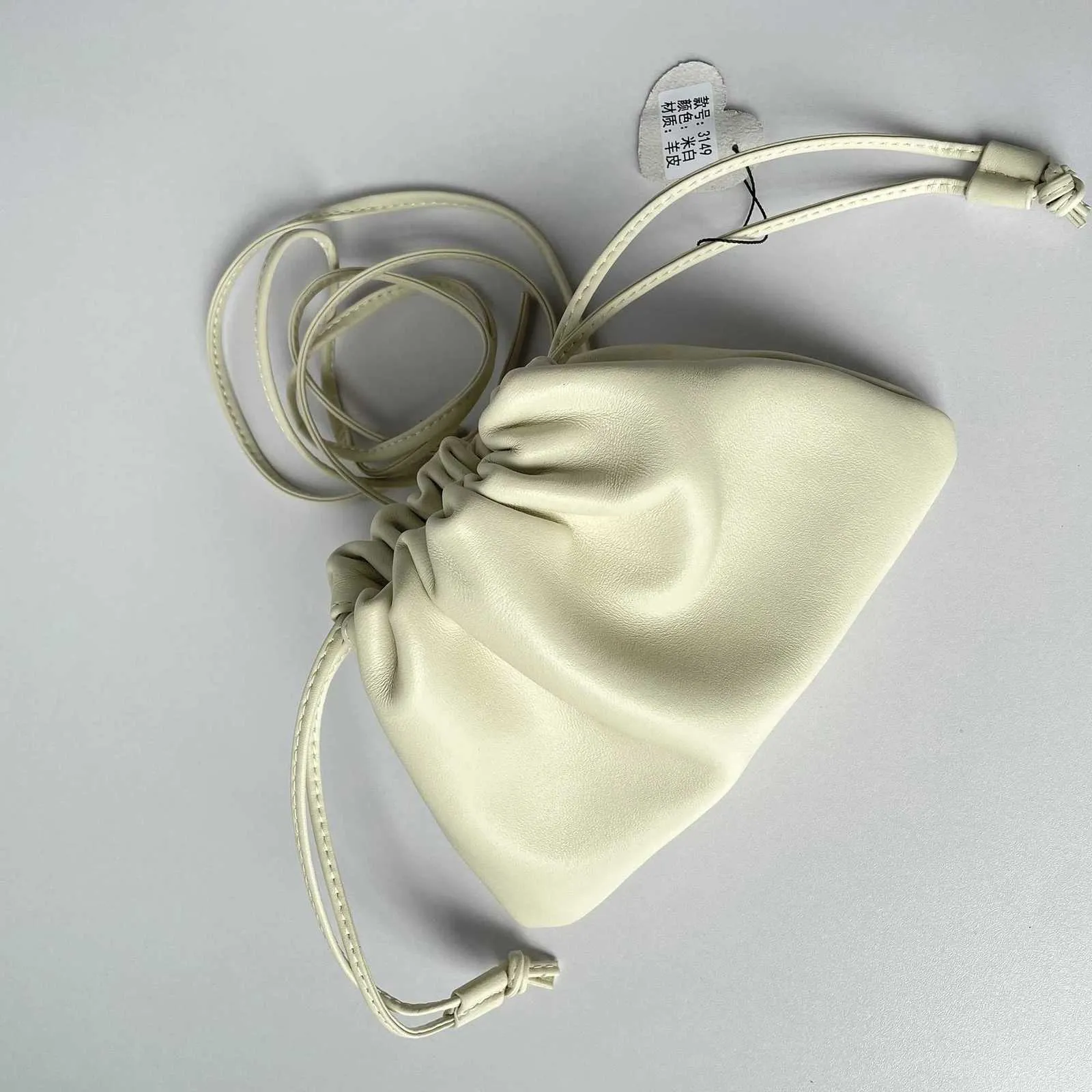 Sheepskin drawstring cloud bag mini zipper closure genuine leather ...