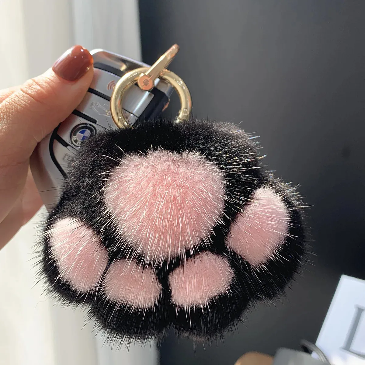 Mink Fur Pompom Cat Paw Key Ring with Car Chain Clip for Women Handbag ...