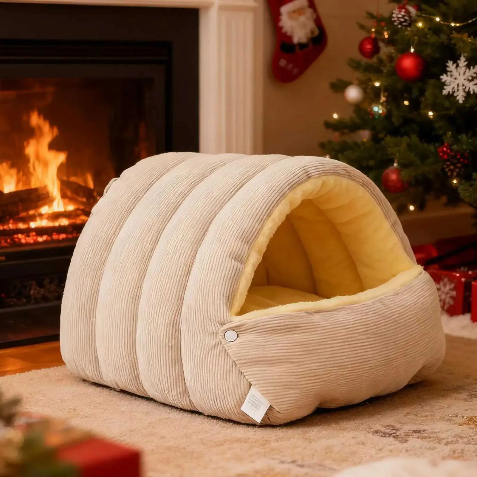 Cats Sleeping Bed Winter Indoor Thick Fiber Plush Soft Fluffy Enclosed ...